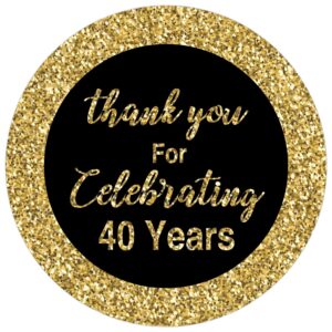 40th birthday thank you stickers, black and gold 40th birthday favors, 40th birthday stickers, thank you for celebrating 40 years stickers, 1.75 inch round circle label stickers, pack of 50.