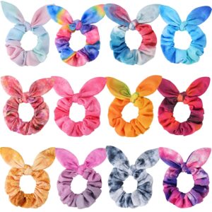 bow scrunchies for hair, funtopia 12 pcs cute rabbit bunny ear scrunchies, fashion colorful tie dye scrunchy hair ties bowknot ponytail holders for women girls kids