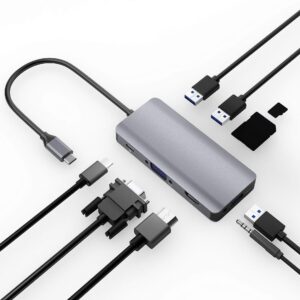 usb c type c 9 in 1 hub to hdmi + vga output, 2 usb3.0ports,sd/tf card reader,1000mbps network adapter, audio port with pd3.0(100w) charge