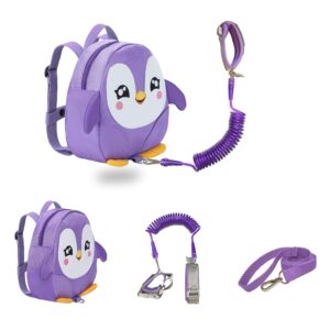 jianbao penguin toddler backpacks with leashes anti lost wrist link for 1.5 to 3 years kids girls boys safety (penguin, purple)