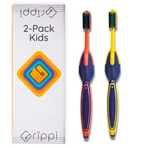 grïppi kids manual toothbrush | 45° brush helps children get a deep clean of teeth & gums | encourages & teaches correct brushing. (superior cavity protection, extra soft, easy to grip), 2-pack