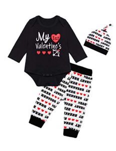 catmama 3pcs baby boys girls my first valentine's long sleeve heart breaker pants with hat (black-long sleeve, 6-12 months)