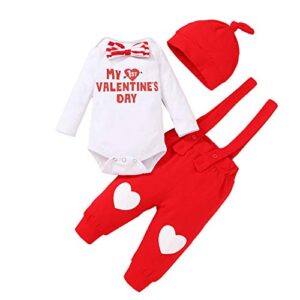 younger tree 3pcs newborn infant baby boy clothes my 1st valentines day outfits bow-tie romper+overalls suspender pants+hat (6-12 months, bowtie romper+overalls +hat)