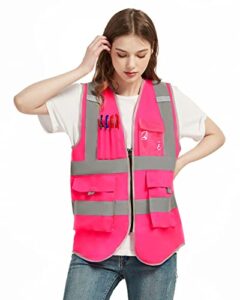 vicrr high visibility safety vest with reflective strips, 9 pockets zipper front, construction work vest (medium, pink)