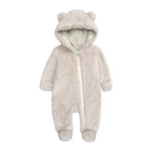 baby boys girls one piece romper cute cartoon bear pattern snowsuit warm winter fleece hooded jumpsuit for 0-3 month baby beige