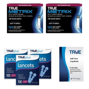 2x 100ct true metrix test strips + 3x 100ct 28g trueplus lancets + trueplus log book