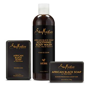 sheamoisture bath face skin care kit body cleanser for dull skin african black soap made with fair trade shea butter, aloe vera, 3 count