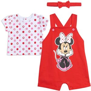 disney minnie mouse infant baby girls french terry short overalls t-shirt and headband 3 piece outfit set red 18 months