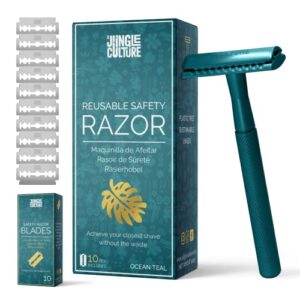 jungle culture safety razor with 10 double edge blades • one blade metal razors for women & men for body & face • eco friendly & reusable shaver • teal