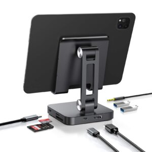 usb c hub stand, 7 in 1 usb c multiport adapter with 4k@30hz hdmi, 100w power delivery, micro sd card reader, 5gbp usb 3.0, headphone jack, tablet, phone, adjustable type c hub for ipad pro mac chrome