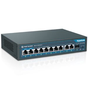 yuanley 8 port gigabit poe switch with 2 gigabit uplink, 8 poe+ port 1000mbps, 1 sfp port, 120w 802.3af/at, metal, qos, unmanaged plug and play ai smart detection ethernet switch