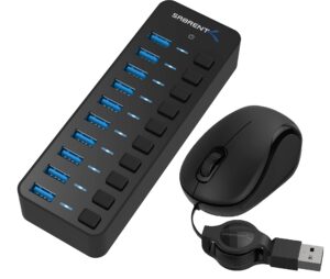 10 port 60w usb 3.0 hub with individual power switches and leds includes 60w 12v/5a power adapter+mini travel usb optical mouse with retractable cable for computers and laptops | mac & pc compatible