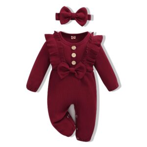 nilikastta baby girls clothes newborn infant ruffle long sleeve romper jumpsuit(wine red2,0-3m)