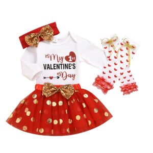 xfglck newborn baby girls valentine’s day outfit letter print bodysuit romper +tutu skirt +leg warmers+ headband clothes set (skirt outfit red, 0-3 months)