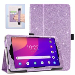 dmluna case for metro by t-mobile alcatel joy tab 2, 8 inch tablet 2020 release, pu leather shockproof folio cover protector accessory with handle hand strap, stand, card slot, glitter purple