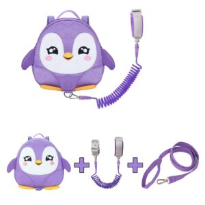 eplaza toddler leashes penguin-like backpacks with anti lost wrist link wristband for 3 to 5 years kids girls boys safety (penguin light purple)