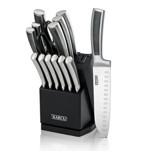 knife set, 14-piece german steel kitchen knife block sets with built-in sharpener, rotating block