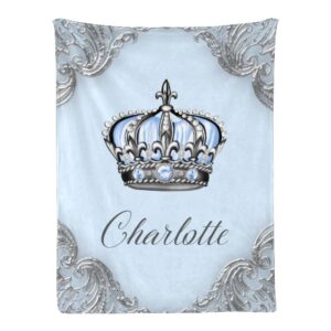 qearl baby blue silver crown prince personalized baby blanket with name for boys girls, custom throw blanket super soft for crib, outdoor, indoor 30x40 inches