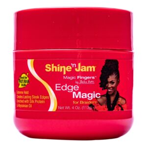 ampro shine-n-jam magic fingers edge control - provides firm hold with non-greasy shine - strengthens hair with silk proteins and softens with abyssinian oil - excellent for taming fringe - 4 oz