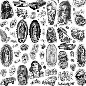 tasroi 6 sheets large chicano temporary tattoos for men women adult, chicana guadalupe gangster fake tattoos prisoner day of the dead, halloween mexico tattoo stickers, tatuajes temporales autocolante