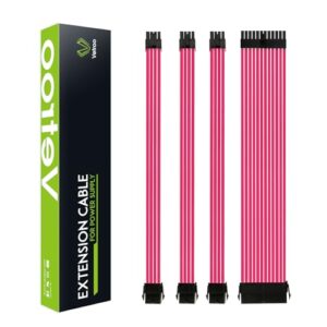 vetroo psu extension cable sleeved customization mod pc power supply cable, soft nylon braided with comb kit 18awg atx/eps/8 pin pci-e/6+2 pin pci-e (pink)