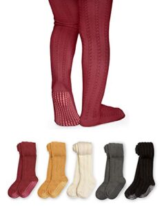 la active baby girl tights warm cotton leggings tights, non-skid seamless cable knit stockings for 1t-2t infant toddler, burgundy/gold/vanilla/charcoal/black-5 pairs