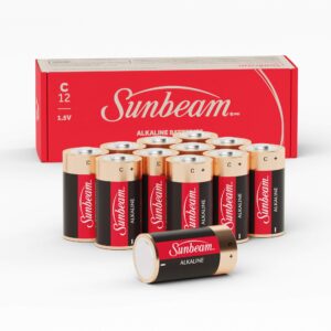 sunbeam 16726 12 pack c high-performance alkaline batteries, easy to open value pack