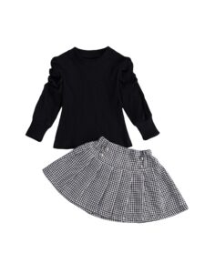 sasaerucure kids toddler baby girl outfit knitted long puff sleeve sweater tops with houndstooth skirt 2pcs winter spring clothes set (black, 6-7 years)