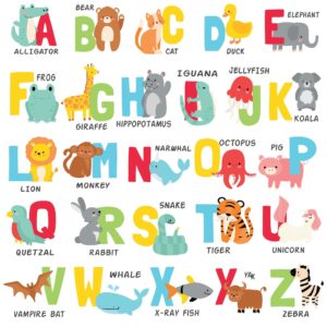 mienno alphabet wall decals, animal alphabet wall stickers for kids room, nursery room, classroom, removable vinyl animal alphabet stickers decals