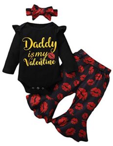 aslaylme baby girls valentine's day outfit newborn daddy's little valentine bodysuit kiss flare pants outfit（black,0-3 months