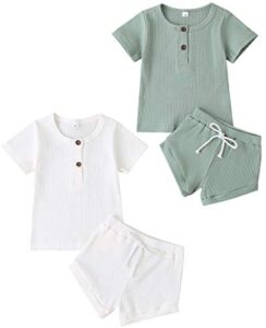 amuhou unisex baby short sleeve t-shirts and shorts sets stripe for newborn infant toddler boy girls (white/light green, 0-6 months)