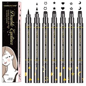 6 styles/set pen eyeliner stamp wing liner, waterproof, double sided & long lasting eye pencil, (heart/moon/star/flowers) shape stamp pen, super slim gel felt tip high black pigment (6pcs)