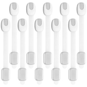 mum & cub child safety strap locks, baby proofing locks for cabinet, drawer, fridge, toilet, oven, dresser and more, strong adhesive, easy to use (10 locks, 10 outlet plug covers)