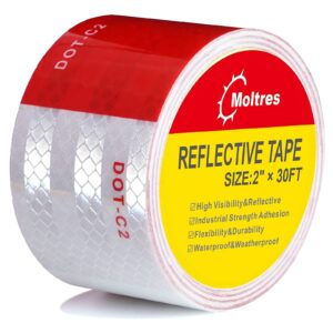 moltres dot-c2 reflective tape,red white 2inch x 30feet waterproof conspicuity safety tape,trailers caution warning adhesive reflector tape for cars trailer trucks vehicles outdoor