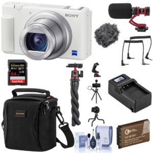 sony zv-1 compact 4k hd digital camera, white bundle with 64gb sd card, bag, mic, flexible tripod, extra battery and accessories