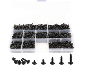 lby 1000pcs m2.3 m2.6 truss head self tapping screws, wafer head screws, pan head with washer screw 10 sizes self tapping screws assortment kit, carbon steel (blacking)