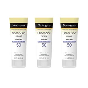 neutrogena sheer zinc oxide dry-touch mineral sunscreen lotion, broad spectrum spf 50 uva/uvb protection, water-resistant, hypoallergenic and non-greasy, paraben-free, 3 fl. oz, pack of 3