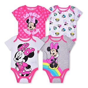 disney minnie mouse girls’ 4 pack bodysuit for newborn and infant – pink/grey/white