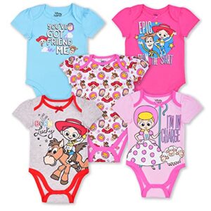 disney toy story girls’ 5 pack short sleeve bodysuit for newborn and infant – pink/blue/white/grey