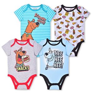 warner bros. scooby-doo boys’ 4 pack bodysuit for newborn and infant – blue/grey