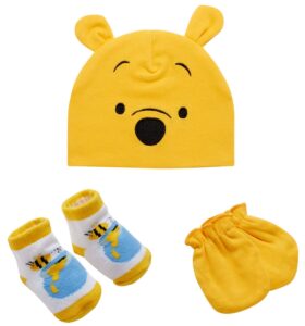 disney newborn baby boys’ take me home layette gift set: 3d ear hat, socks and mitten: mickey mouse, winnie the pooh, size age 0-3m, pooh bear