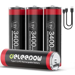 deleepow usb rechargeable aa batteries 4 pack, usb c rechargeable double a lithium batteries, 3400mwh 1.5v with 2-in-1 charging cable, 1 hour fast charging aa rechargeable battery