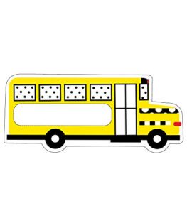 schoolgirl style black, white & stylish brights 36-piece school bus bulletin board cutouts, yellow bus cutouts for bulletin board with white and black polka dots, back-to-school classroom décor