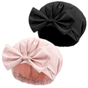 whaline large shower caps pink black bowknot bath hair caps reusable waterproof turban shower hat adjustable bath cap for women girl beauty hair spa bathing home travel, 2 pack