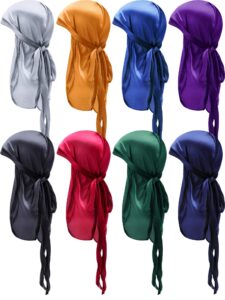 8 pieces satin baby durags kids satin durag caps headwraps with long tail and wide straps for 360 waves (dark color)