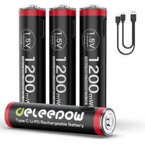 deleepow usb rechargeable aaa batteries 4 pack, usb c rechargeable triple a lithium batteries, 1200mwh 1.5v with 2-in-1 charging cable, 1 hour fast charging aaa rechargeable battery