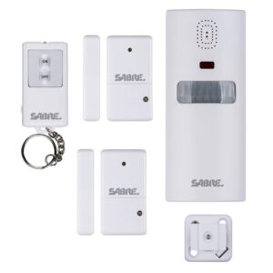 sabre home security system with remote, 125db alarm, audible up to 850 feet (259 meters), wireless, comes with 1 motion sensor alarm, 2 door or window alarms and 1 remote key fob, home and away modes