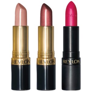 revlon super lustrous 3-piece lipstick gift set, high impact, multi-finish in cream, pearl & matte, 755 bare it all (cream), 610 gold pearl plum (pearl), 023 cherries in the snow (matte) (pack of 3)