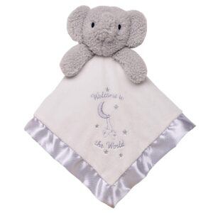 shaklak plush rattle baby snuggle blanket with embroidery and satin, white and grey elephant