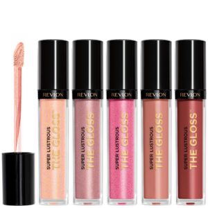 revlon super lustrous the gloss, 5 piece lipgloss gift set, non-sticky high shine color in cream & pearl finishes, pack of 5, 0.75 fl oz